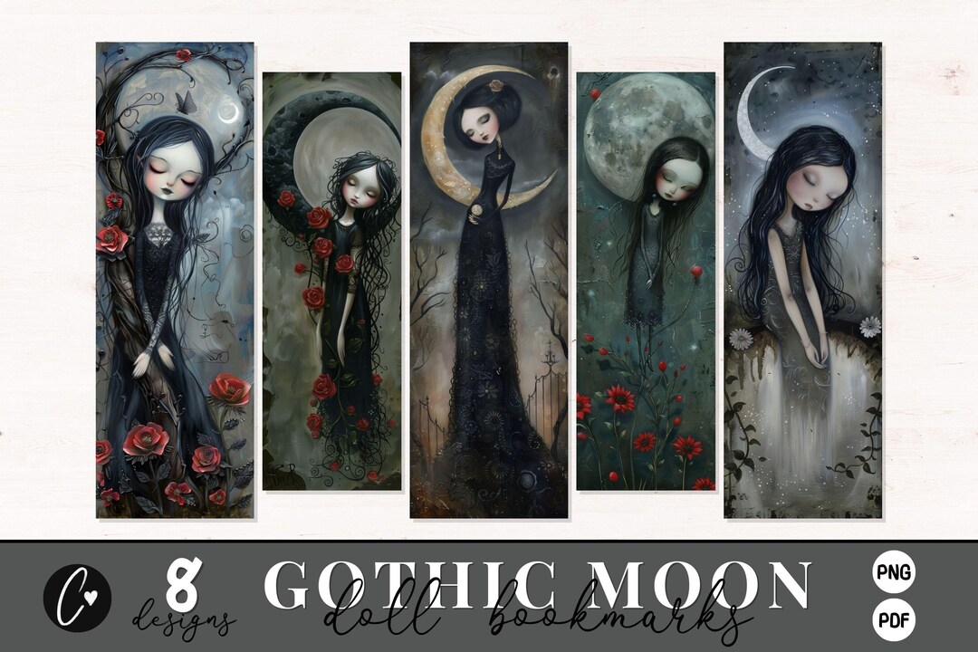Gothic Moon Dolls Bookmark Designs, Goth Printable Bookmarks, Printable ...