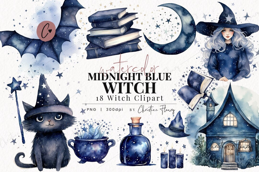 Watercolor Midnight Blue Witch Clipart, Watercolor Witch PNG, Halloween ...