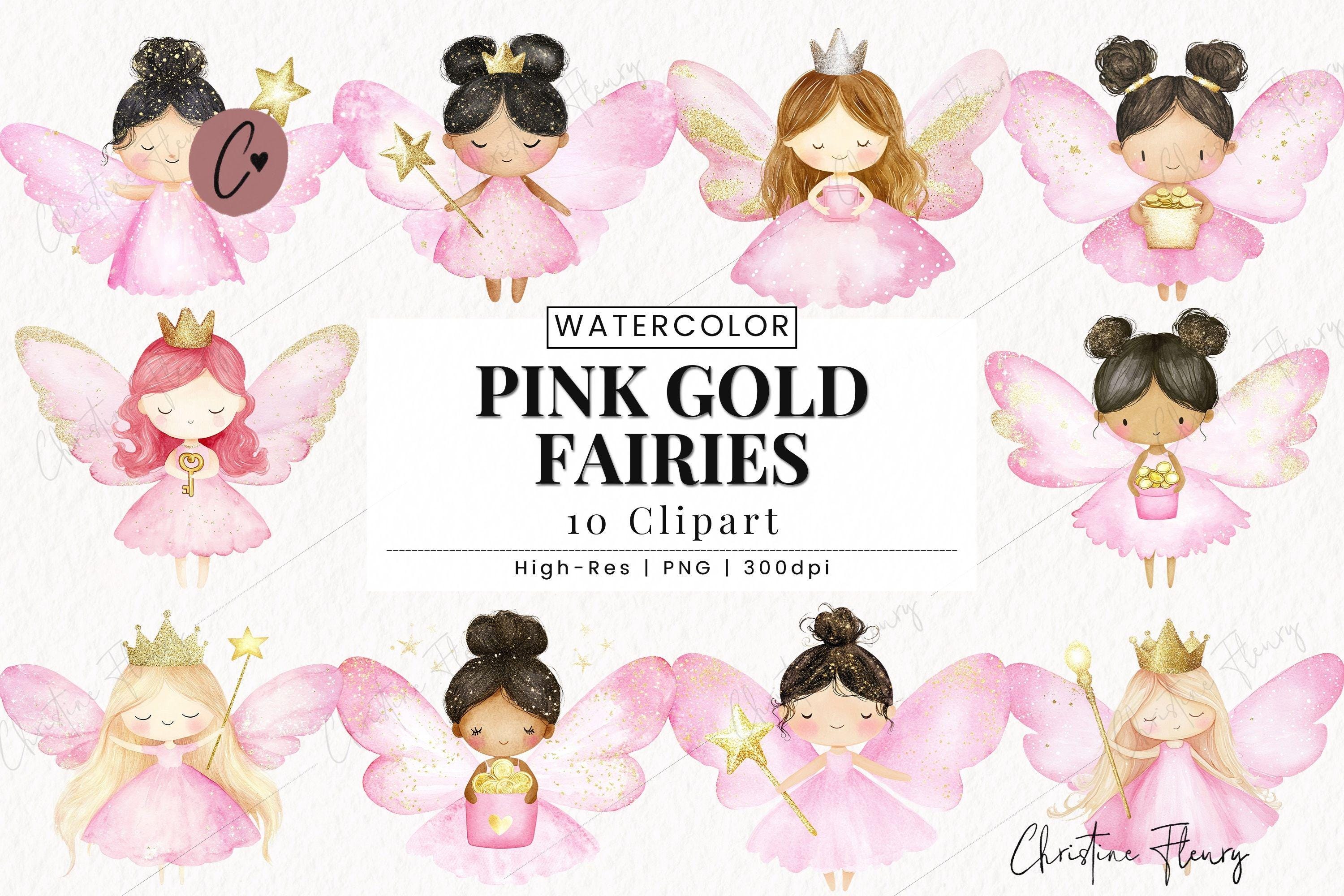 Pink Gold Fairies Clipart Bundle, Tooth Fairy PNG, Watercolor Birthday ...
