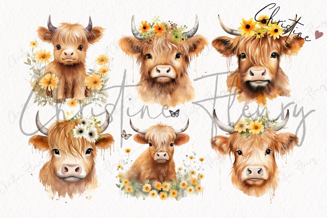 Spring Highland Cow Clipart, Highland Cow PNG, Spring PNG, Flower Cow ...