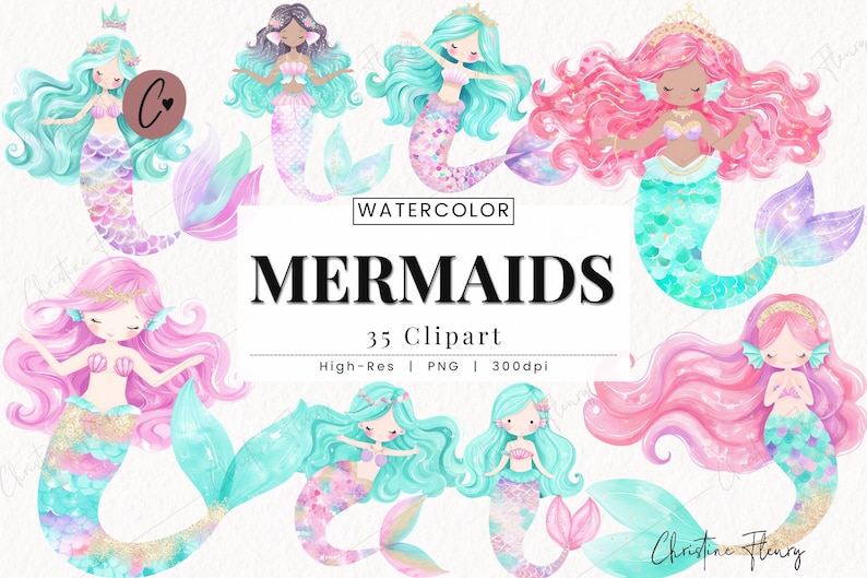 Watercolor Mermaid Clipart, Ocean Fantasy, Pastel Mermaid Clipart ...
