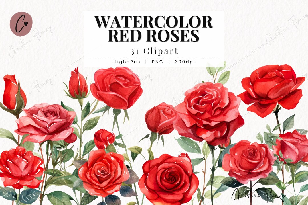 Watercolor Red Roses Clipart, Watercolor Flower Clipart, Wedding PNG ...