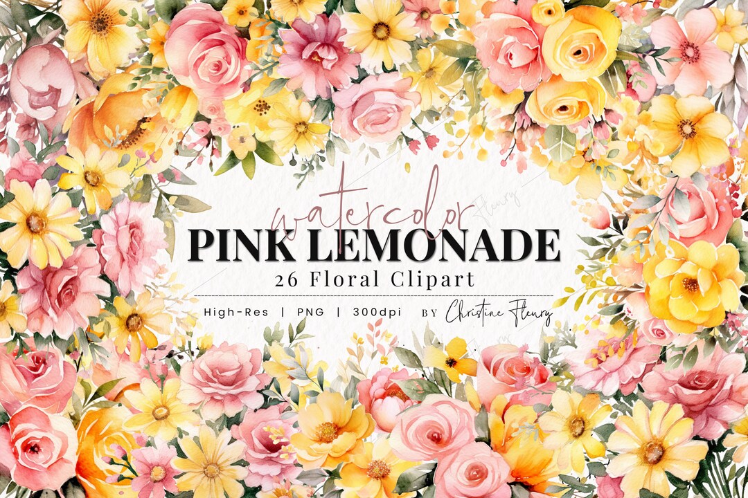 Watercolor Pink Lemonade Floral Clipart, Watercolor Flower Clipart ...