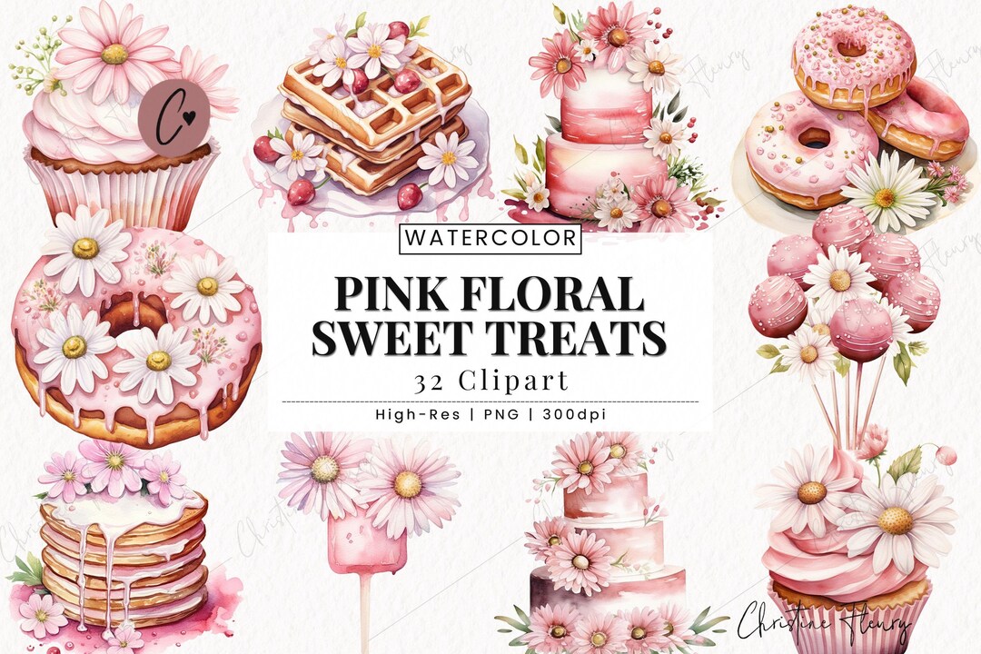 Pink Floral Sweet Treats Clipart, Wedding PNG, Watercolor Cake, Baby ...