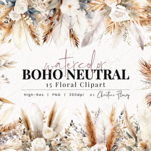 Watercolor Boho Neutral Floral Clipart, Watercolor Flower Clipart ...