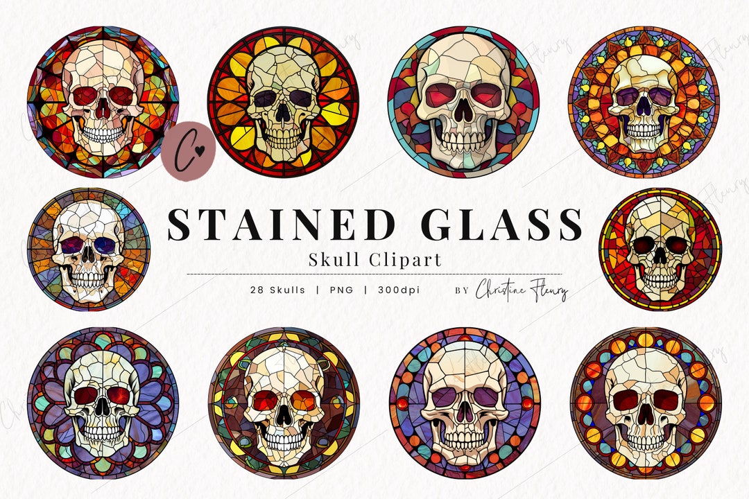 28 Round Skull Stained Glass Clipart, Stained Glass PNG, Halloween ...