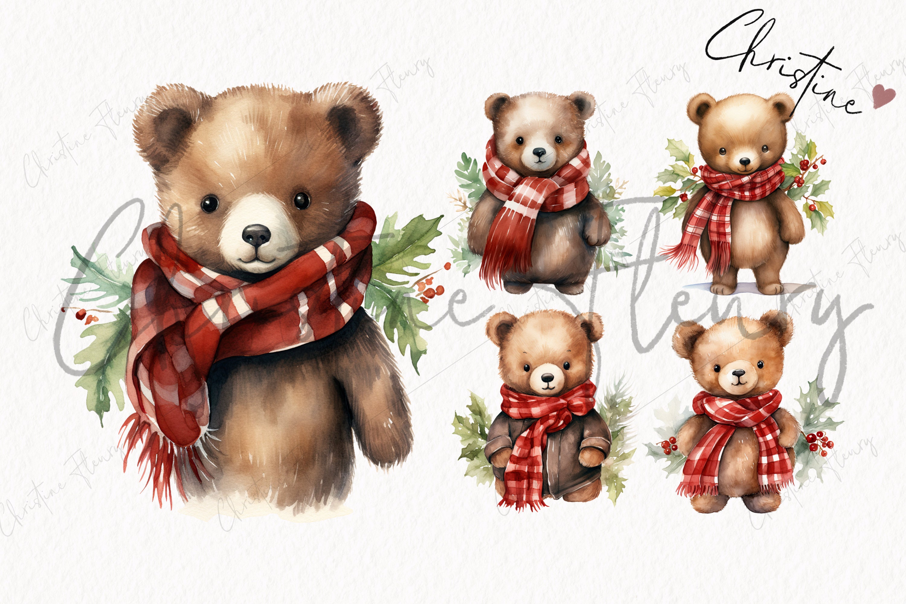 Watercolor Christmas Bears Clipart, Watercolor Christmas Clipart, Bear ...