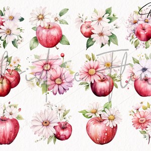 Watercolor Apples & Flowers Clipart, Spring PNG, Teacher PNG, Apple ...