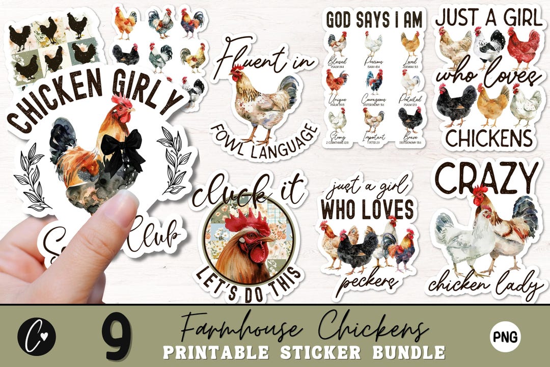 Farmhouse Chicken Sticker Bundle PNG, Printable Farm Girly Stickers ...