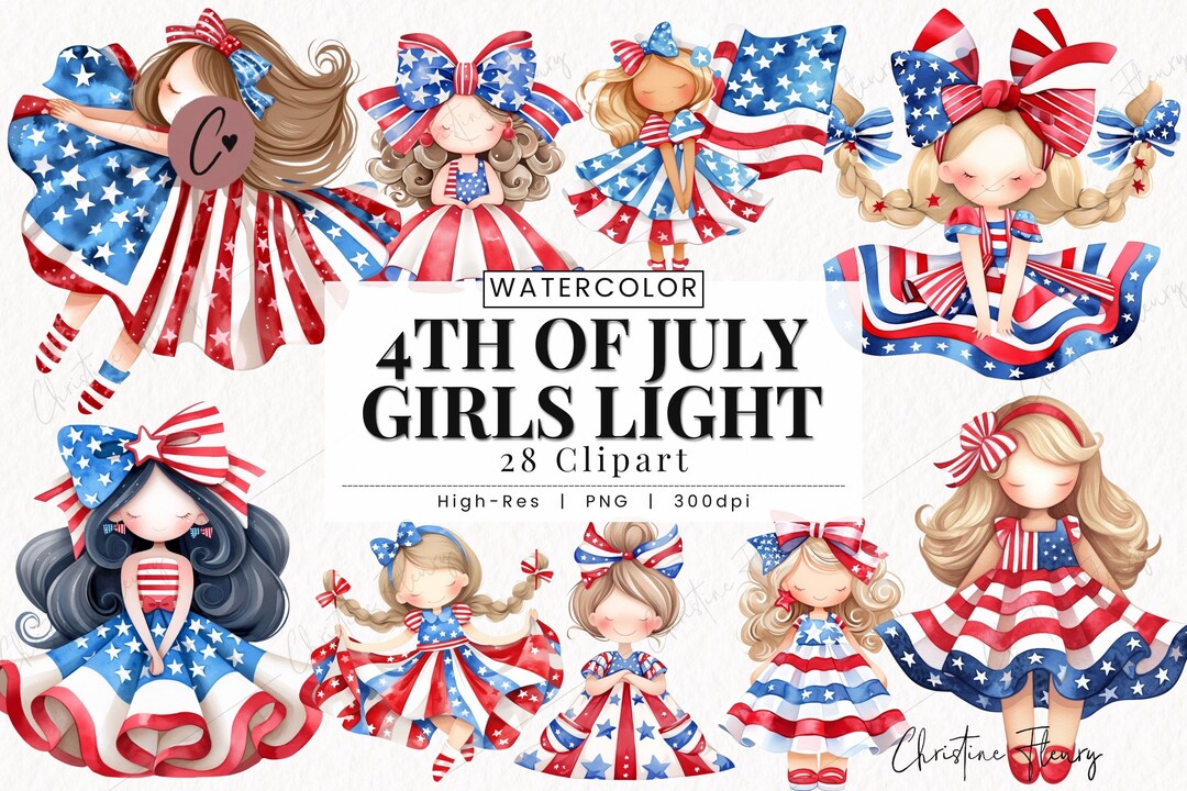 4th of July Girls Clipart, Watercolor Patriotic Clipart, Independence ...