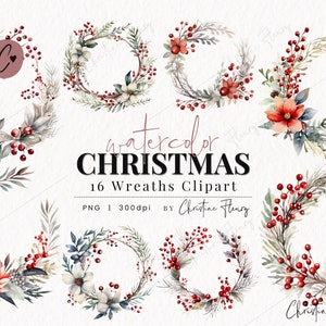 Watercolor Christmas Wreath Clipart, Watercolor Christmas Clipart ...