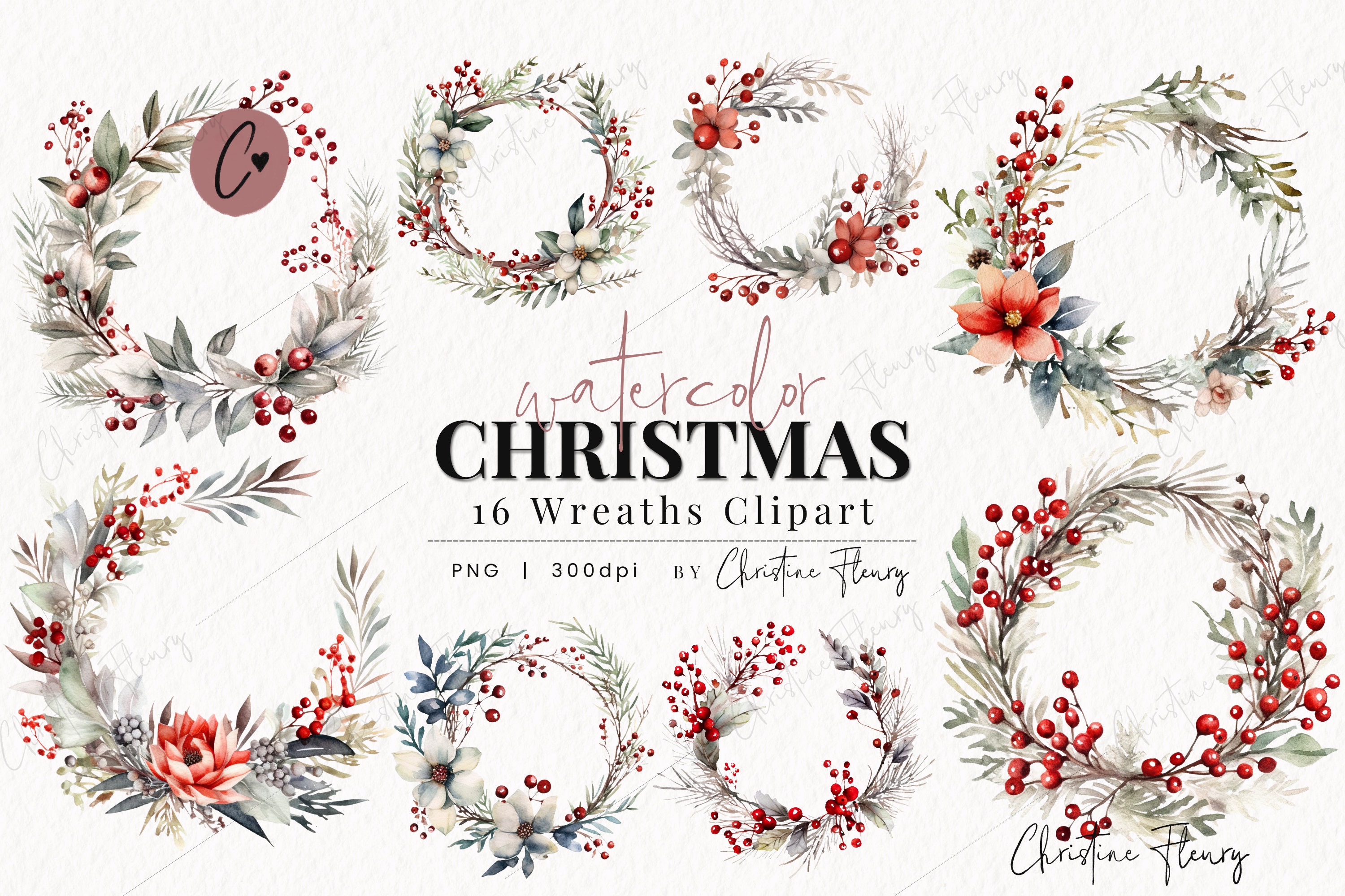 Watercolor Christmas Wreath Clipart Watercolor Christmas - Etsy