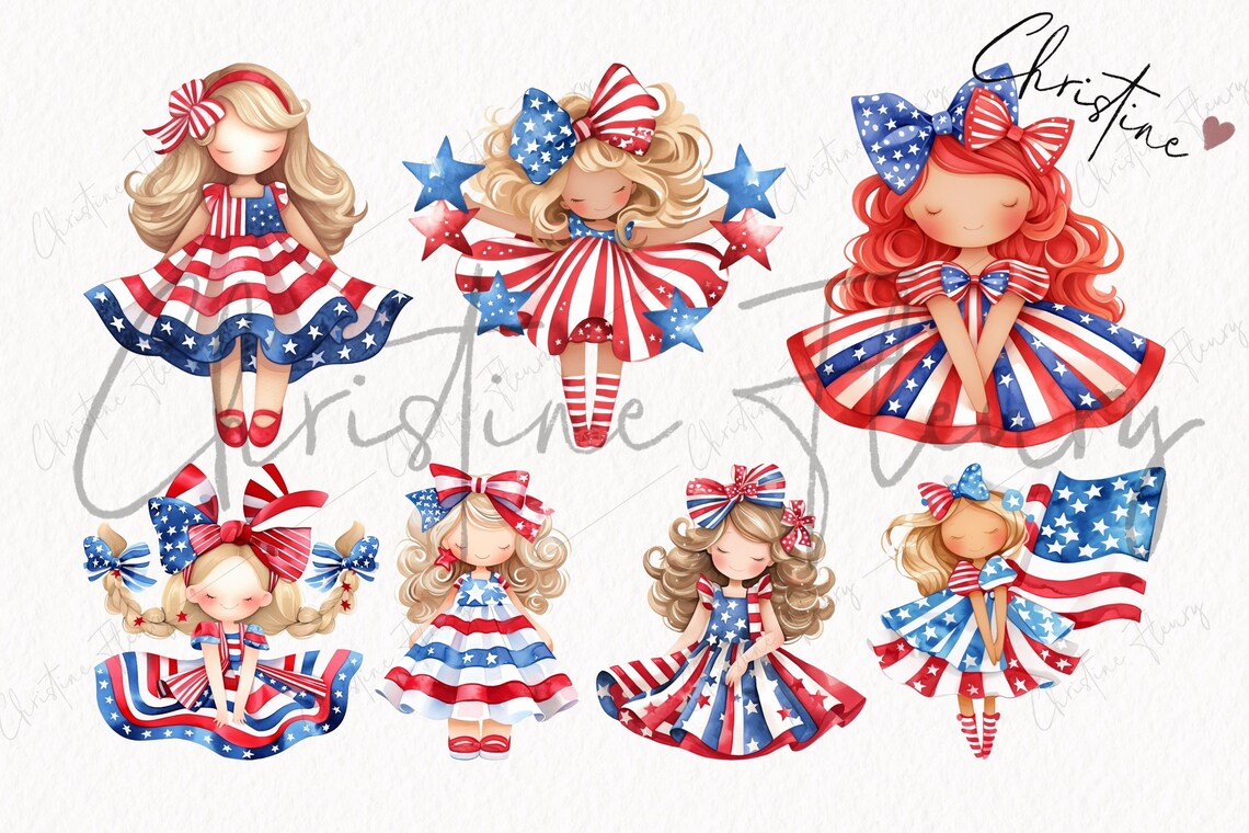 4th of July Girls Clipart, Watercolor Patriotic Clipart, Independence ...