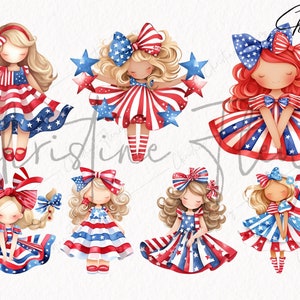 4th of July Girls Clipart, Watercolor Patriotic Clipart, Independence ...
