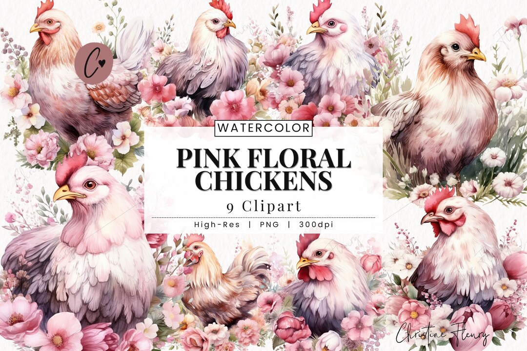 Watercolor Pink Floral Chickens Clipart, Pink Spring PNG, Chicken PNG ...