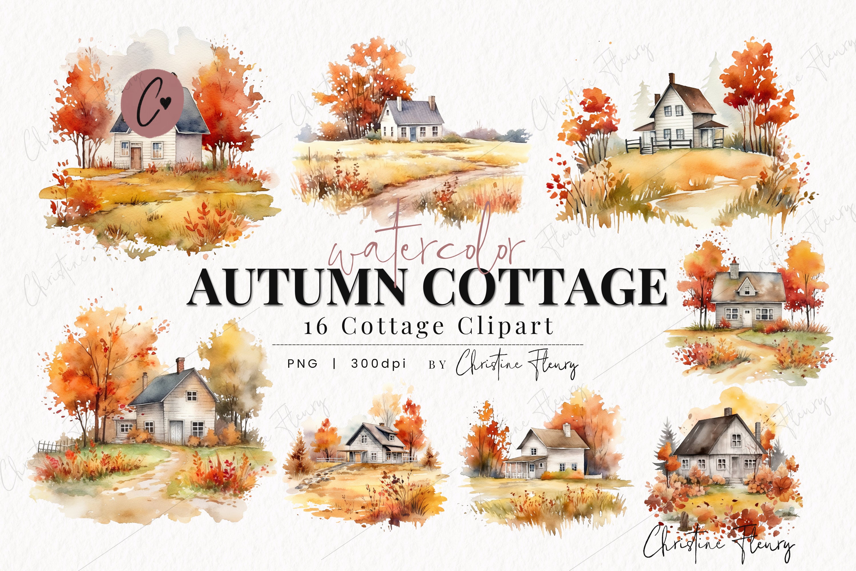 16 Watercolor Autumn Cottage Clipart Watercolor Fall Clipart - Etsy