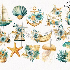 Watercolor Gold & Teal Nautical Clipart, Watercolor Ocean Clipart ...