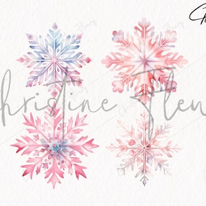 Watercolor Pink Snowflakes Clipart, Watercolor Christmas Clipart, Cute ...