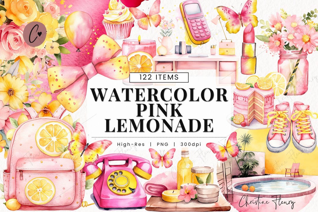 Watercolor Pink Lemonade Clipart Bundle, Watercolor Pink Clipart ...