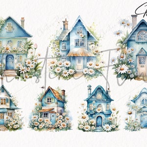 Blue Daisy Houses Clipart, Spring PNG, House PNG, Blue Flowers PNG ...