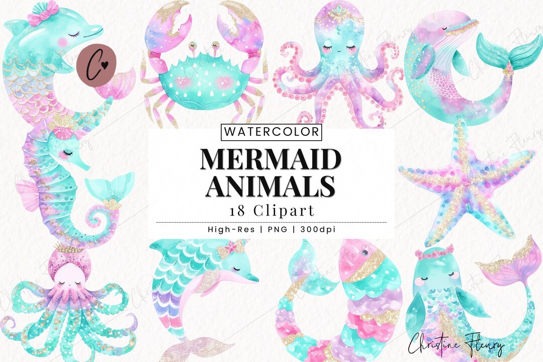 Pastel Mermaid Animals Clipart Bundle, Mermaid PNG, Ocean Animals ...