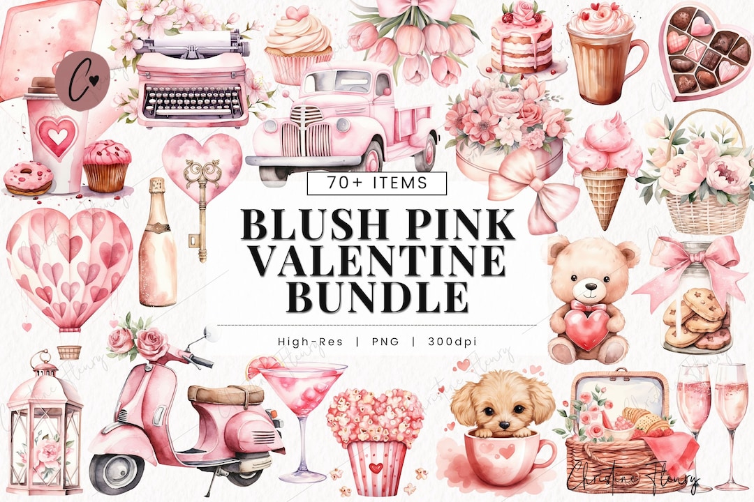 Huge Blush Pink Valentine Clipart Bundle, Watercolor Valentines Day ...