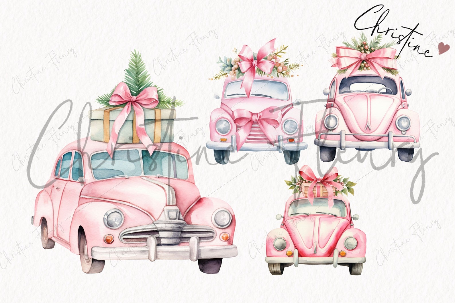 Watercolor Pink Christmas Cars Clipart, Watercolor Christmas Clipart ...
