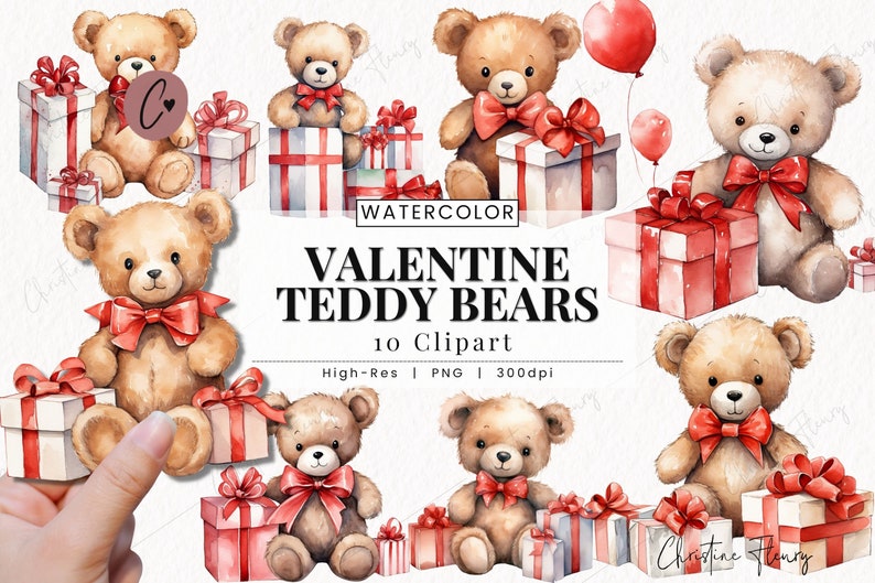 Watercolor Valentine Teddy Bears Clipart, Watercolor Valentine Clipart ...