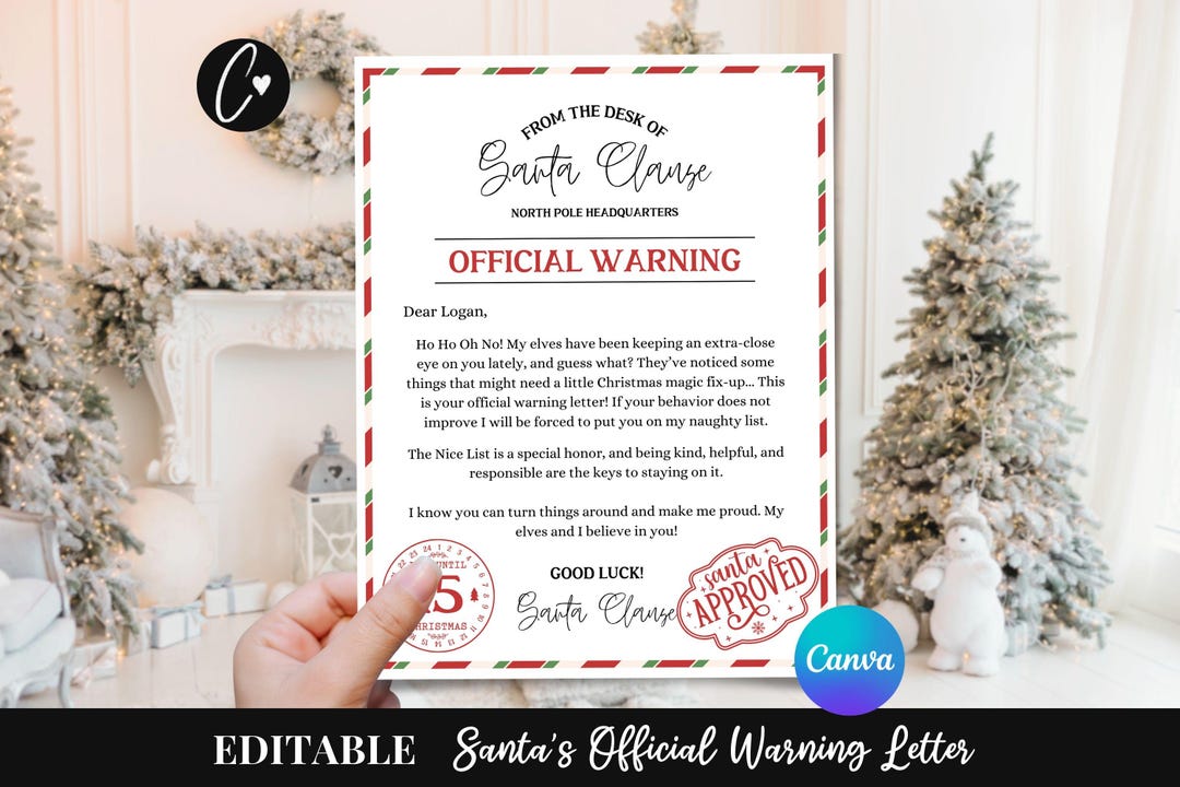 Editable Warning Letter From Santa Template, Canva Template Printable ...