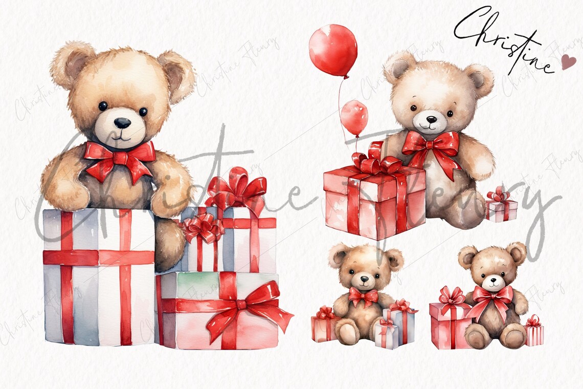 Watercolor Valentine Teddy Bears Clipart, Watercolor Valentine Clipart ...