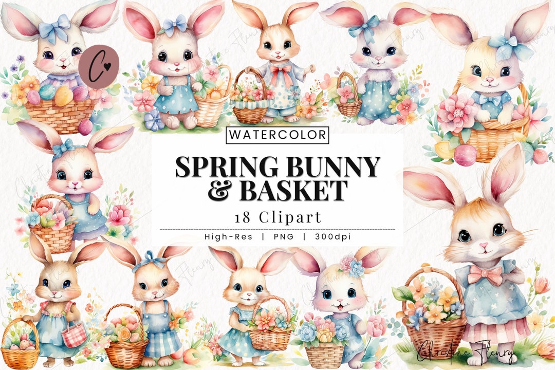 Spring Bunnies & Baskets Clipart, Easter Bunny PNG, Easter Eggs PNG ...