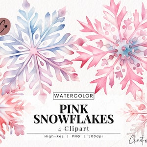 Watercolor Pink Snowflakes Clipart, Watercolor Christmas Clipart, Cute ...