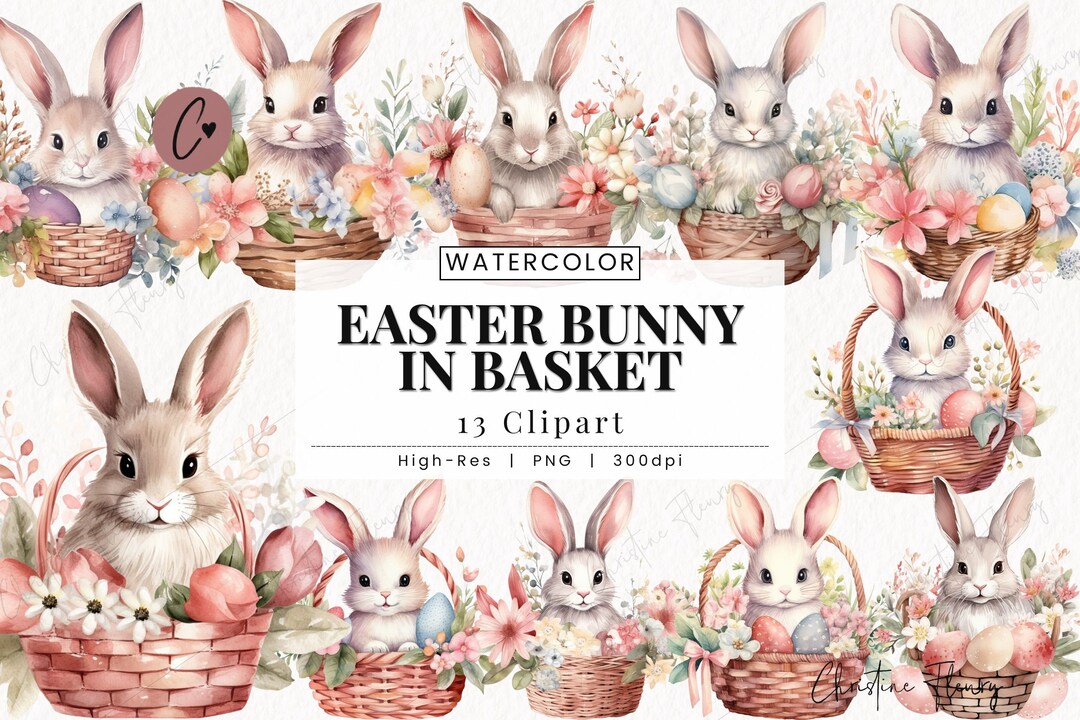 Easter Bunnies in Baskets Clipart, Spring PNG, Easter Bunny PNG, Spring ...