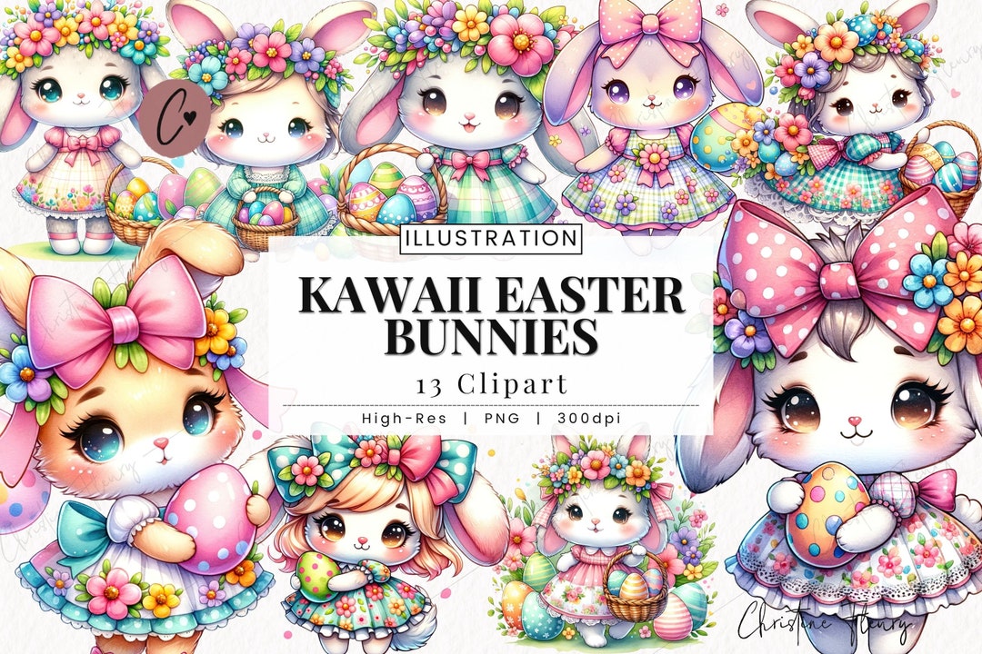 Kawaii Easter Bunnies Clipart, Easter PNG, Cute Bunny PNG, Spring Bunny ...