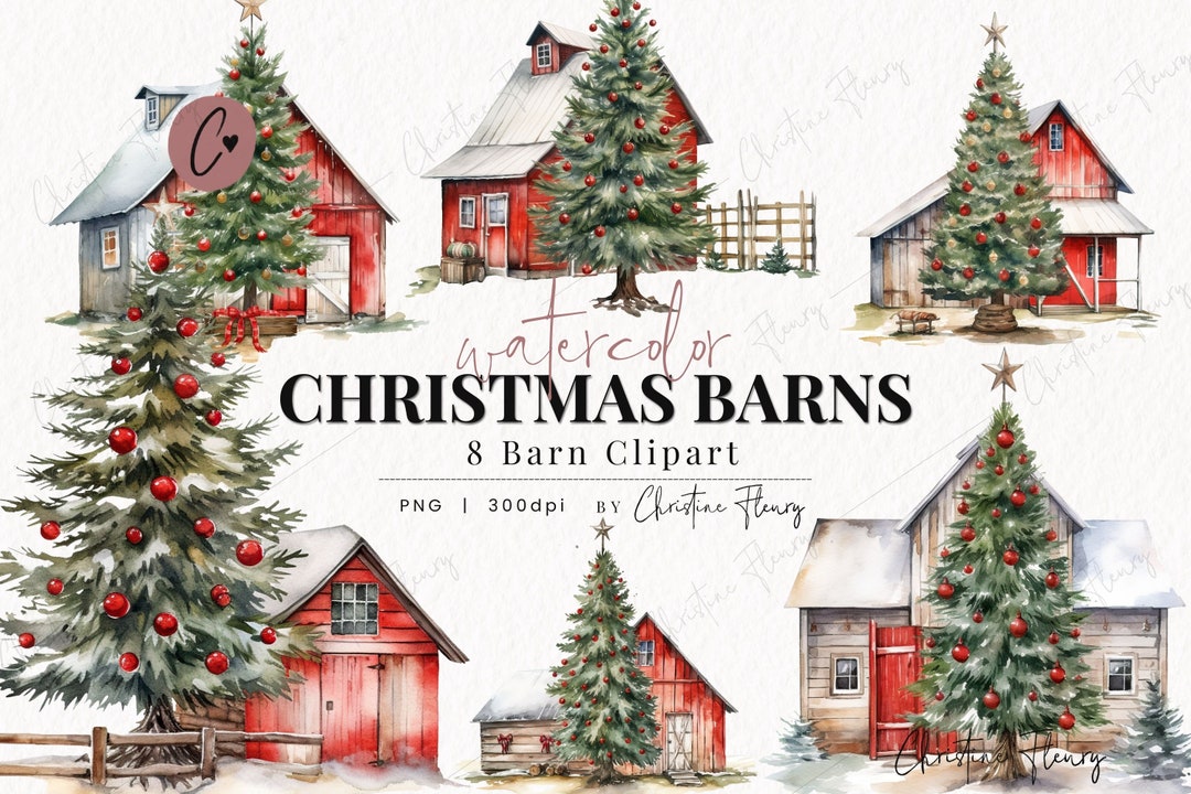 Watercolor Christmas Barn Clipart, Watercolor Farmhouse Clipart ...