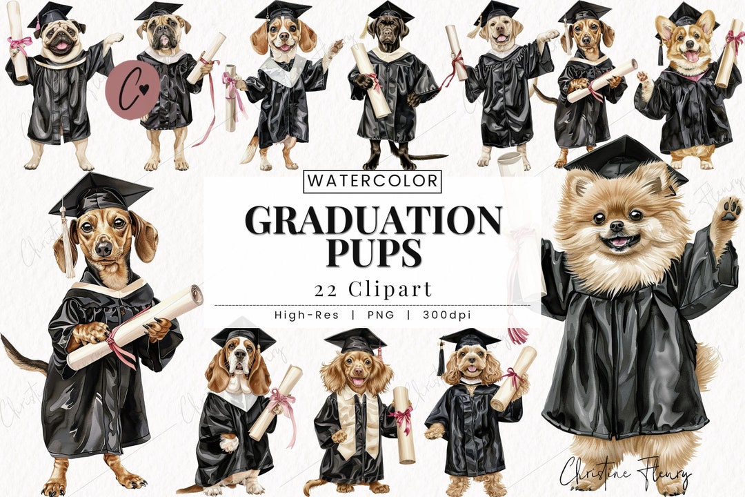 Watercolor Graduation Pups Clipart, Graduation PNG, Cute Dogs Clipart ...