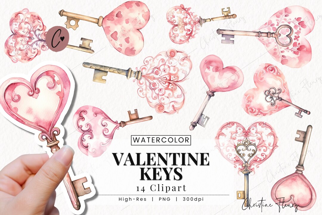 Watercolor Valentine Keys Clipart, Heart Valentine's Day PNG, Valentine ...