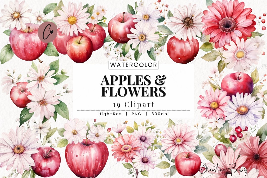 Watercolor Apples & Flowers Clipart, Spring PNG, Teacher PNG, Apple ...