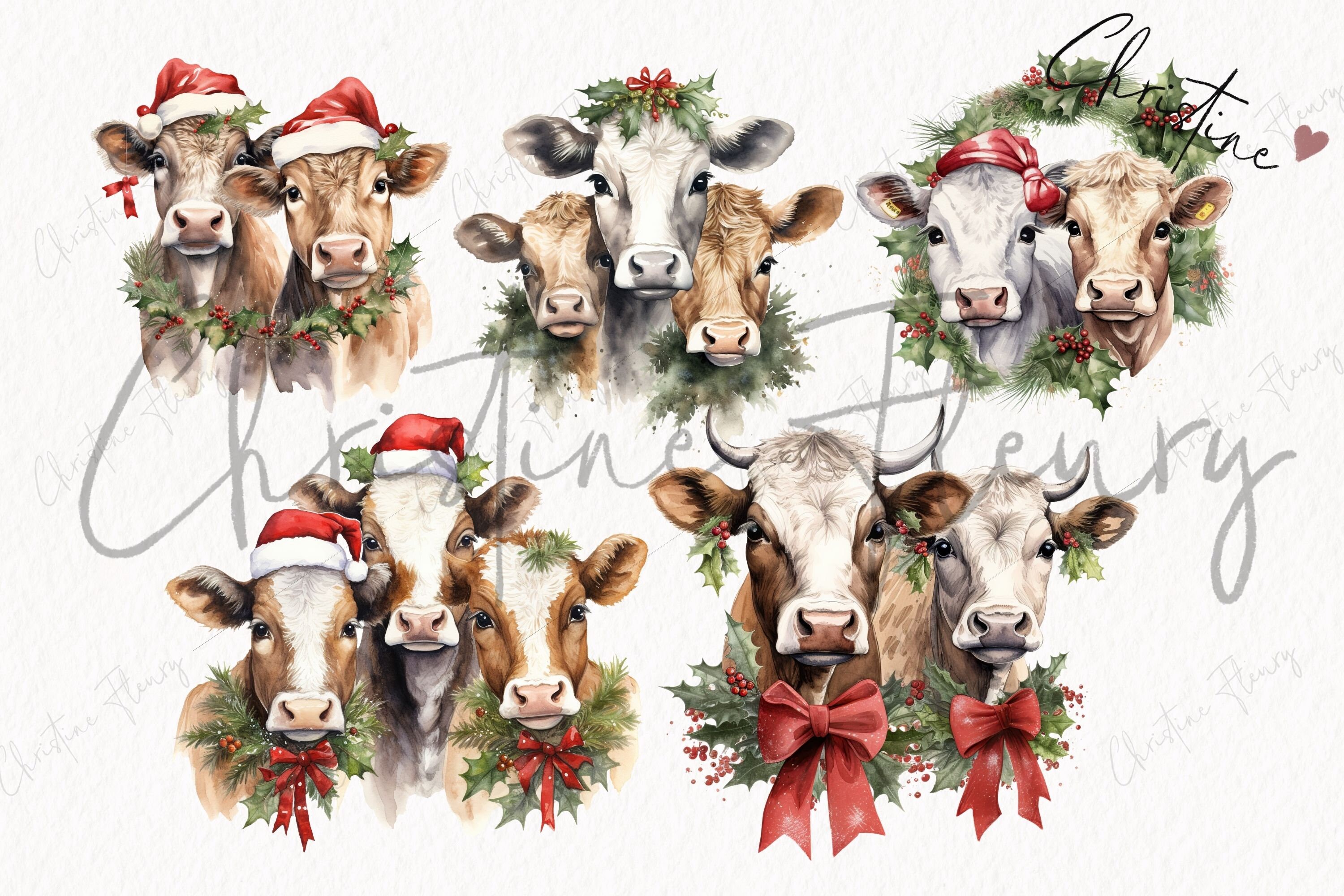 Vintage Festive Cows Clipart Watercolor Farm Clipart Vintage - Etsy