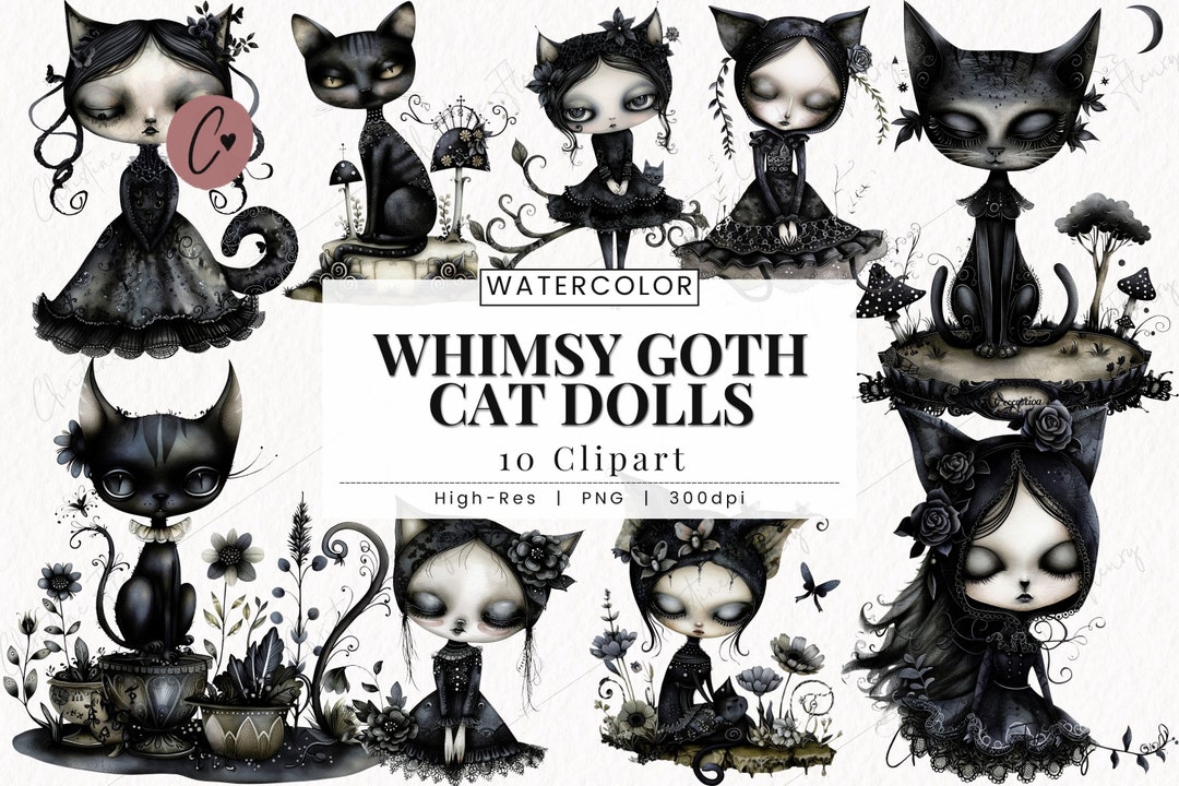 Whimsy Goth Cat Dolls Clipart, Gothic PNG, Halloween Clipart, Gothic ...