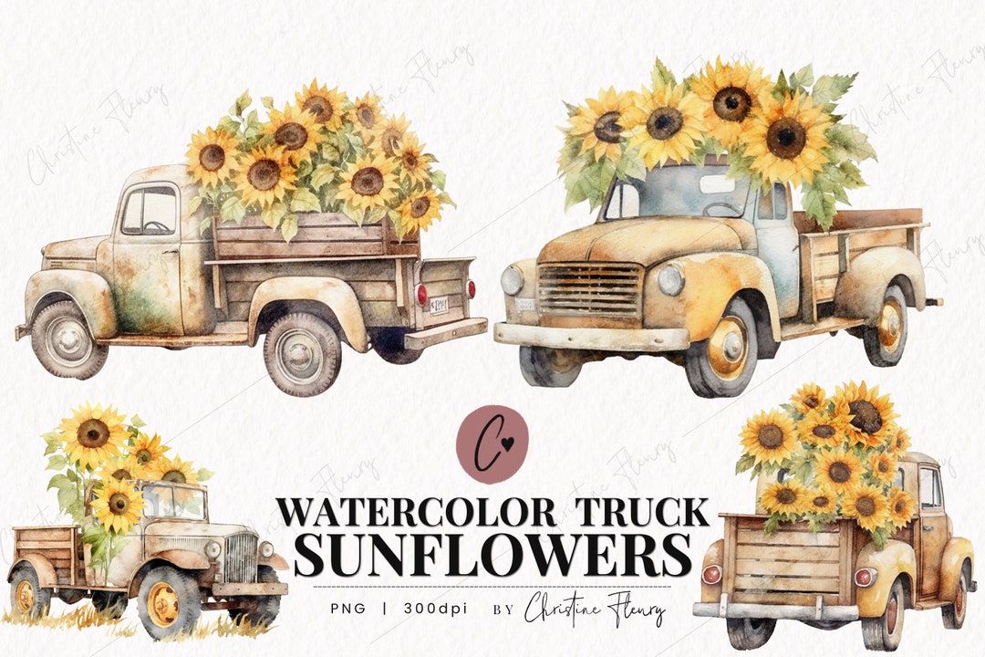 Watercolor Sunflower Trucks Clipart, Watercolor Sunflower Clipart ...
