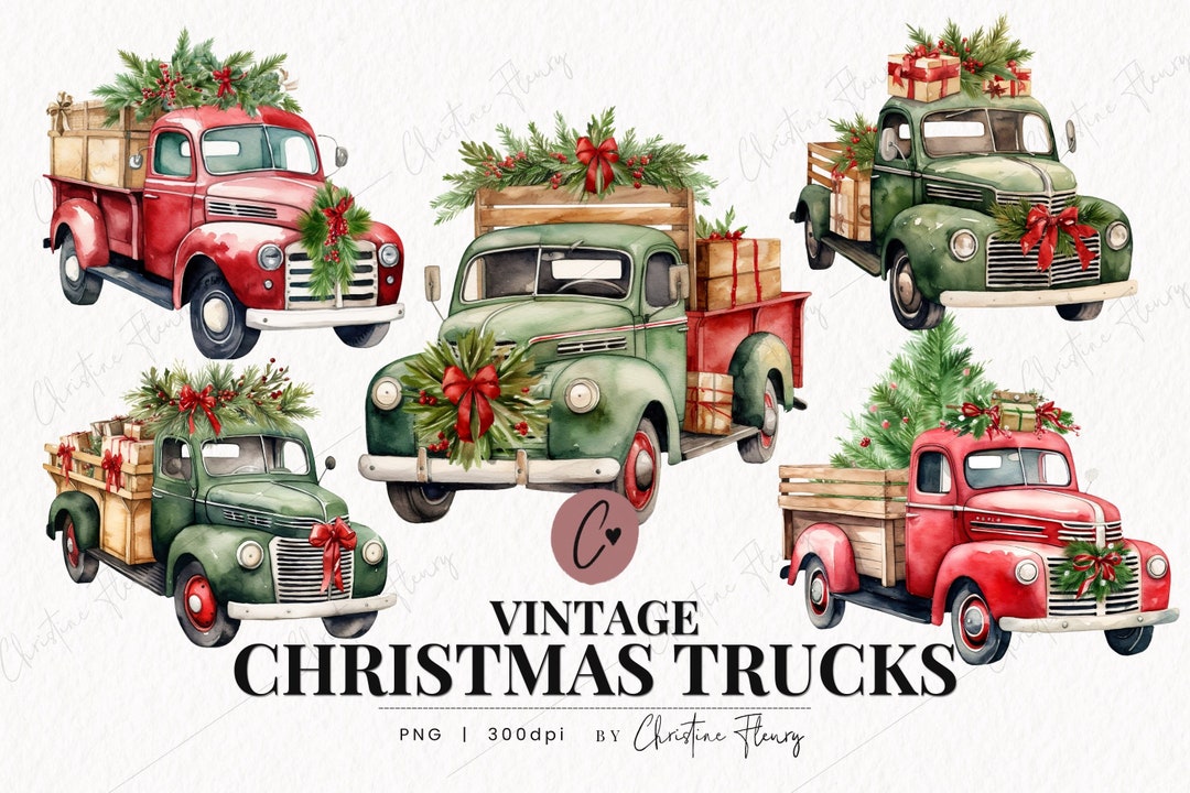 Vintage Christmas Trucks Clipart, Watercolor Vintage Truck Clipart ...
