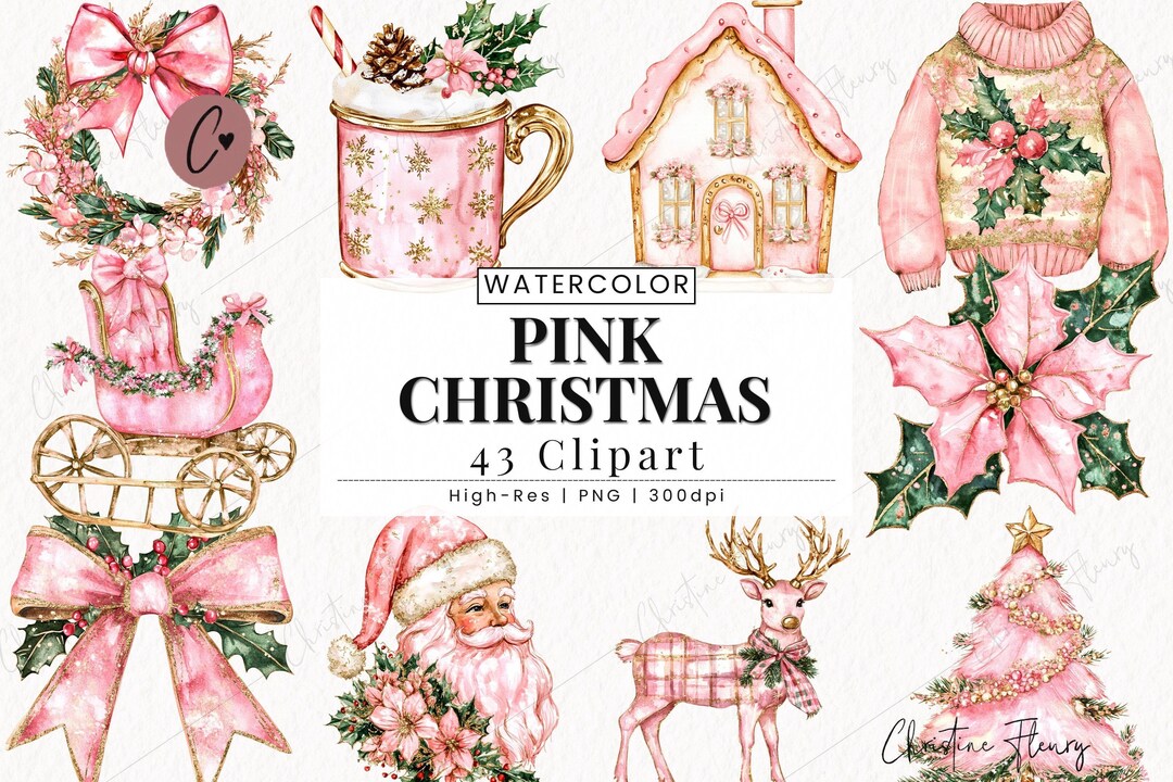 Pink Christmas Clipart Bundle, Pink Christmas PNG, Pink Aesthetic ...