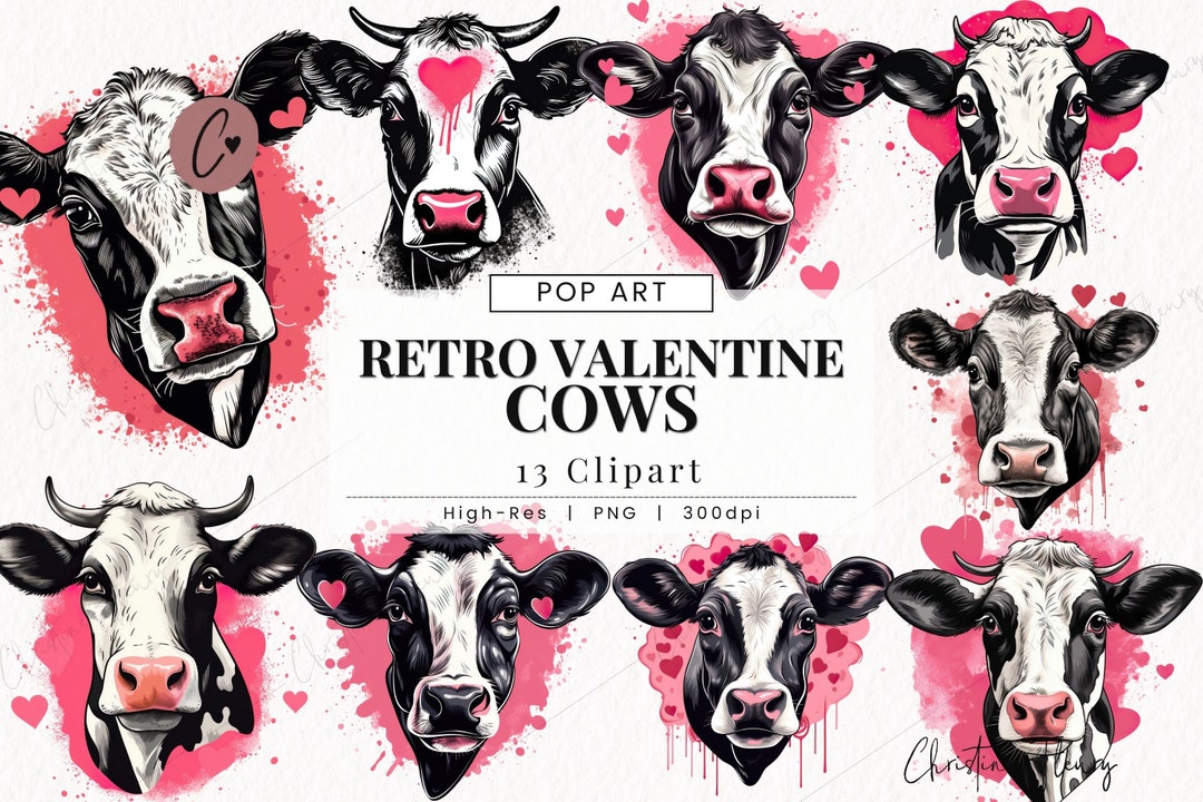 Pop Art Retro Valentine Cows Clipart, Retro Valentine's Day PNG ...