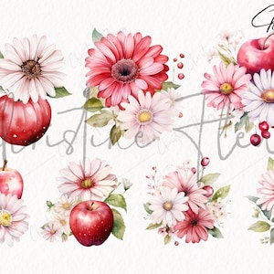 Watercolor Apples & Flowers Clipart, Spring PNG, Teacher PNG, Apple ...