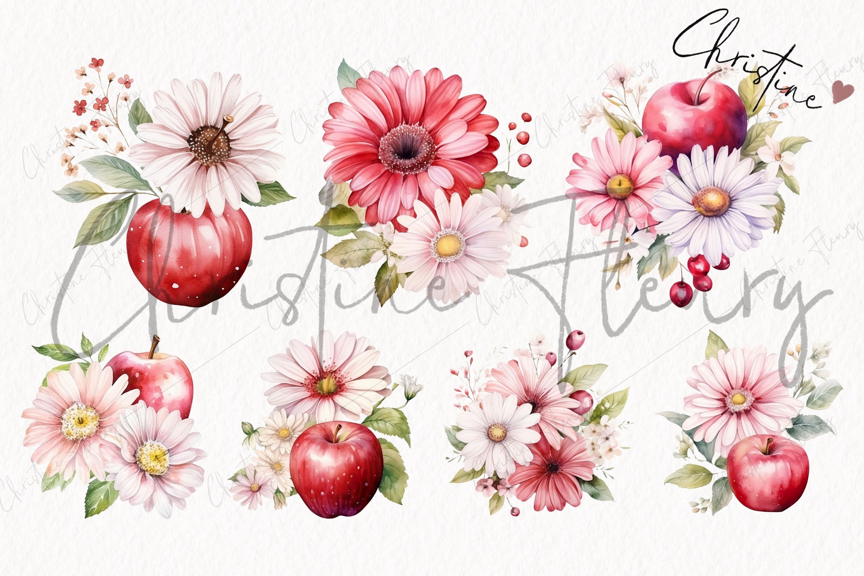 Watercolor Apples & Flowers Clipart, Spring PNG, Teacher PNG, Apple ...