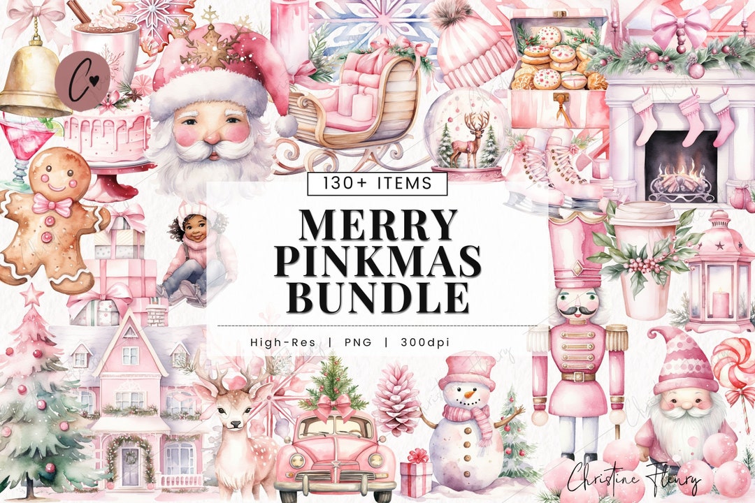 Watercolor Merry Pinkmas Mega Bundle, Watercolor Christmas Clipart ...