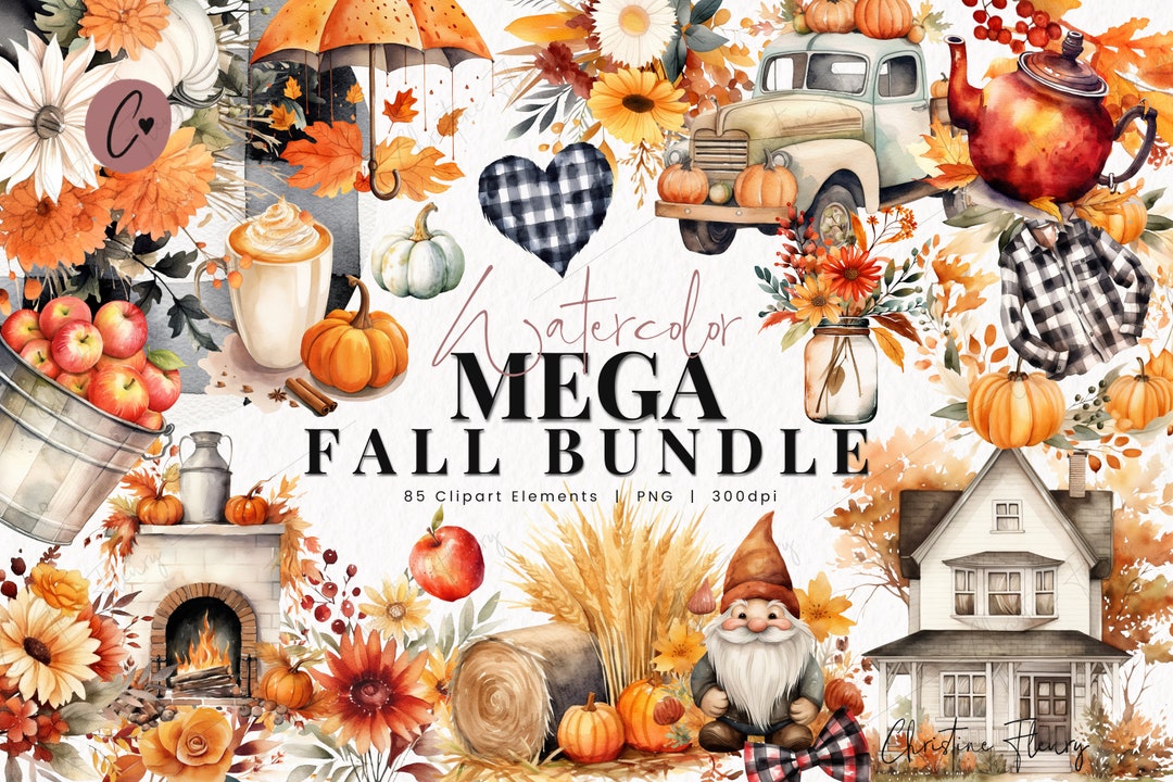 Watercolor Mega Fall Bundle Clipart, Watercolor Fall Clipart ...
