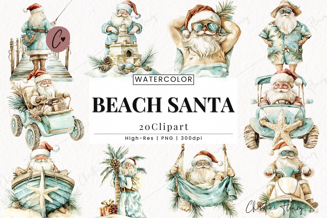 Beach Santa Clipart, Beach Christmas PNG, Tropical Christmas Clipart ...