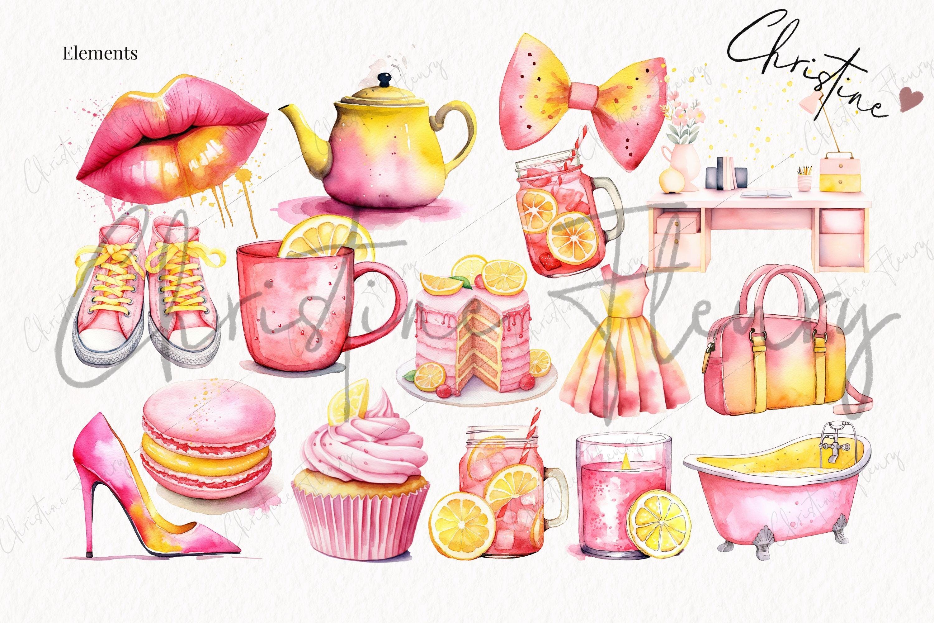 Watercolor Pink Lemonade Clipart Bundle, Watercolor Pink Clipart ...